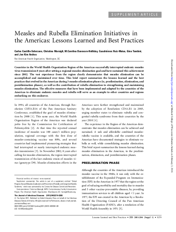 (PDF) Measles and Rubella Elimination Initiatives in the Americas: Lessons Learned and Best ...