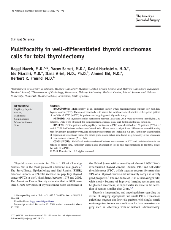(PDF) Multifocality in well-differentiated thyroid carcinomas calls for ...
