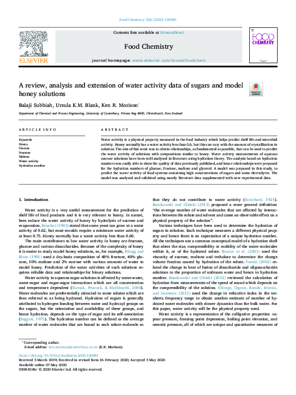 (PDF) A review, analysis and extension of water activity data of sugars ...