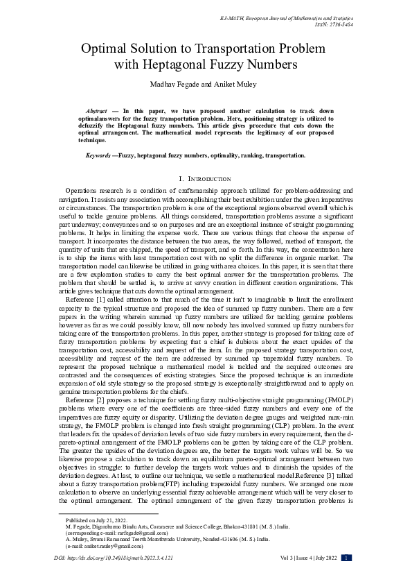 Pdf Optimal Solution To Transportation Problem With Heptagonal Fuzzy Numbers