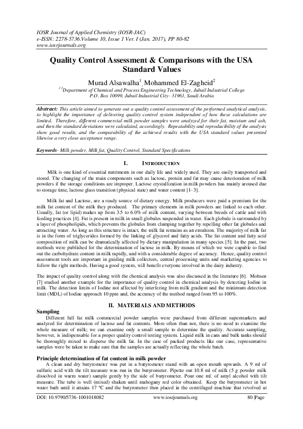 (PDF) Quality Control Assessment & Comparisons with the USA Standard Values