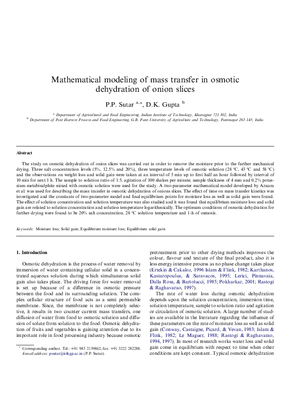 (PDF) Mathematical modeling of mass transfer in osmotic dehydration of onion slices