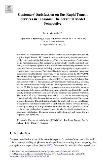 (PDF) Customers’ Satisfaction on Bus Rapid Transit Services in Tanzania ...