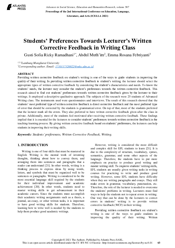 (PDF) Students’ Preferences Towards Lecturer’s Written Corrective ...