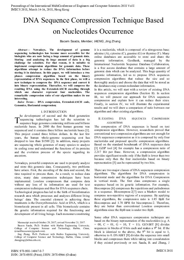 (PDF) DNA Sequence Compression Technique Based on Nucleotides Occurrence