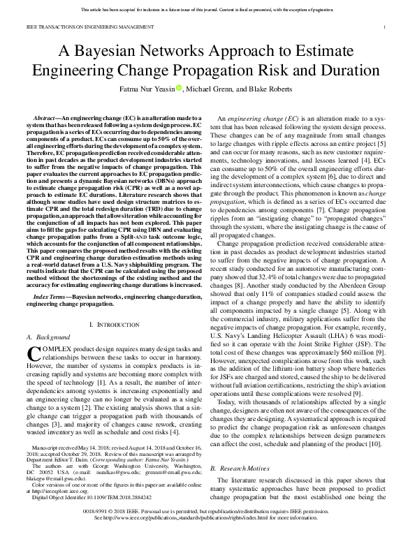 (PDF) A Bayesian Networks Approach to Estimate Engineering Change Propagation Risk and Duration