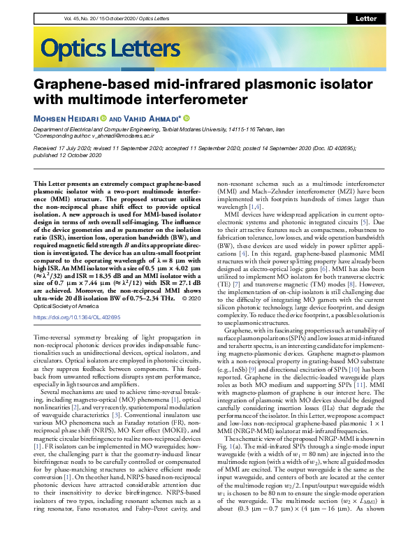 Pdf Graphene Based Mid Infrared Plasmonic Isolator With Multimode Interferometer