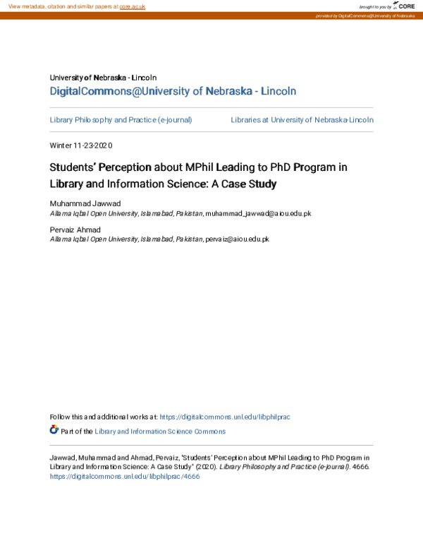 (PDF) Students’ Perception about MPhil Leading to PhD Program in ...