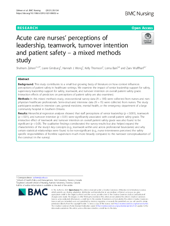 (PDF) Acute care nurses’ perceptions of leadership, teamwork, turnover intention and patient ...