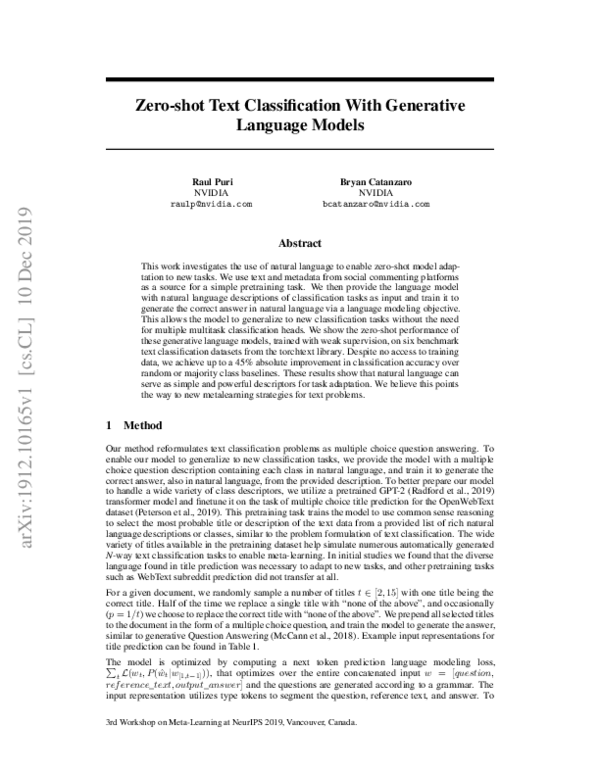 (PDF) Zero-shot Text Classification With Generative Language Models