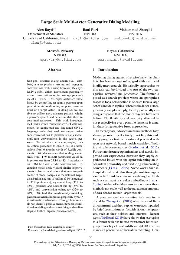 Pdf Large Scale Multi Actor Generative Dialog Modeling Raul Puri