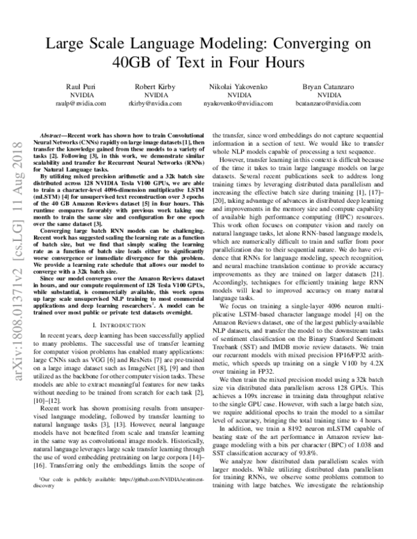 Pdf Large Scale Language Modeling Converging On 40gb Of Text In Four