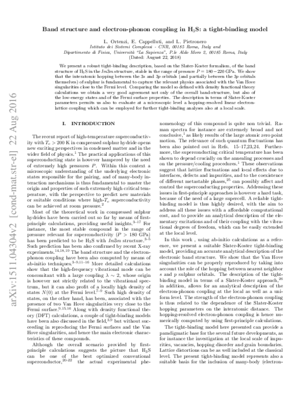 (PDF) Band structure and electron-phonon coupling inH3S: A tight-binding model