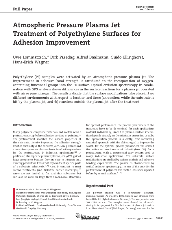(PDF) Atmospheric Pressure Plasma Jet Treatment of Polyethylene Surfaces for Adhesion Improvement