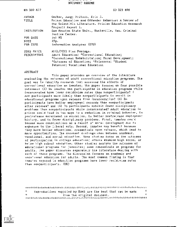 (PDF) Prison Education and Offender Behavior: A Review of the ...