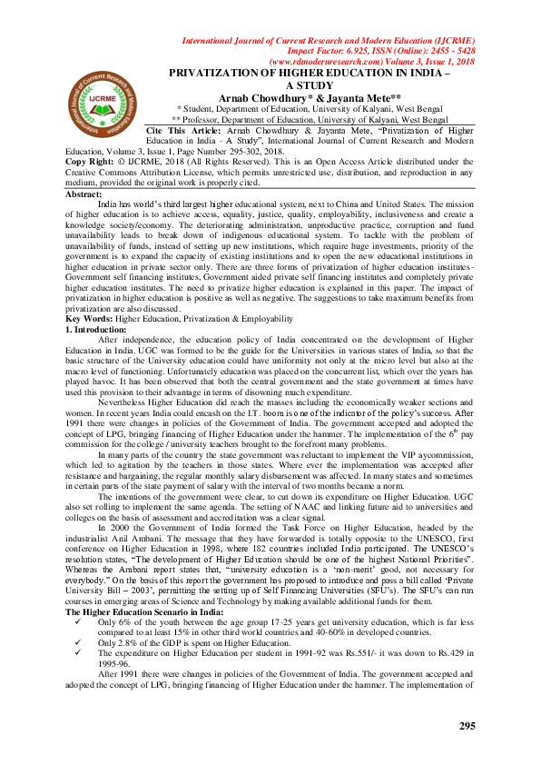 (PDF) Privatization Of Higher Education In India – A Study