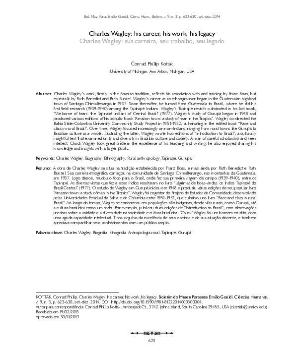 (PDF) Charles Wagley: his career, his work, his legacy