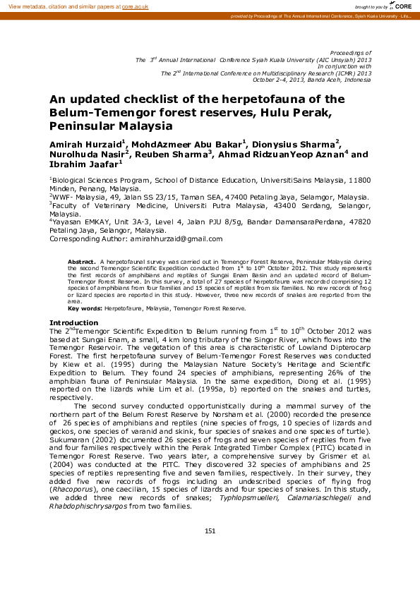 (PDF) An Updated Checklist of the Herpetofauna of the Belum- Temengor Forest Reserves, Hulu ...