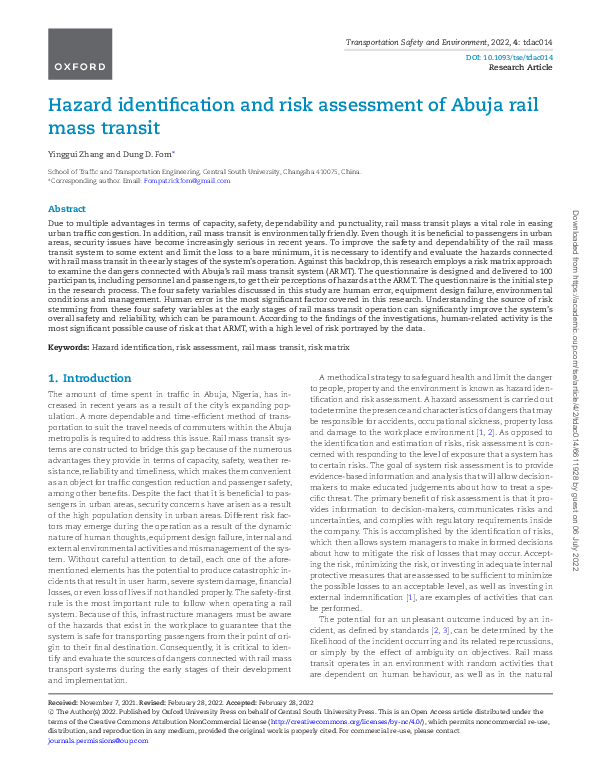 (PDF) Hazard identification and risk assessment of Abuja rail mass transit