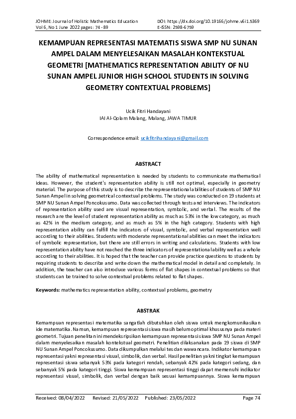 (PDF) Kemampuan Representasi Matematis Siswa SMP Nu Sunan Ampel Dalam ...