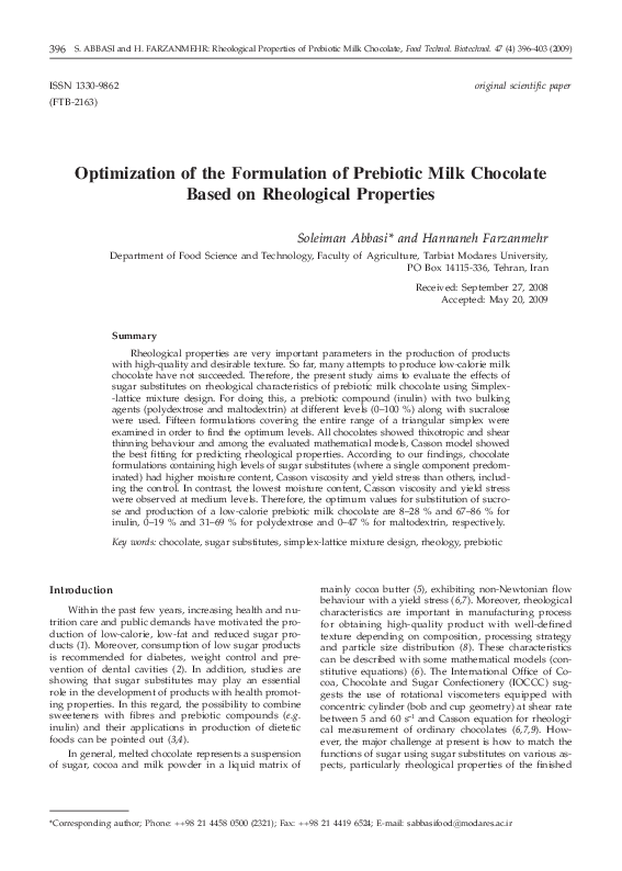 (PDF) Optimization of the formulation of prebiotic milk chocolate based ...