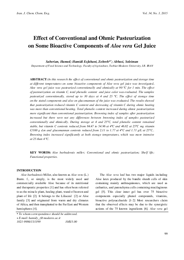 (PDF) Effect of pasteurization and storage on bioactive components of Aloe vera gel