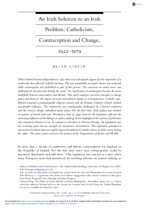 (PDF) An Irish Solution to an Irish Problem: Catholicism, Contraception ...