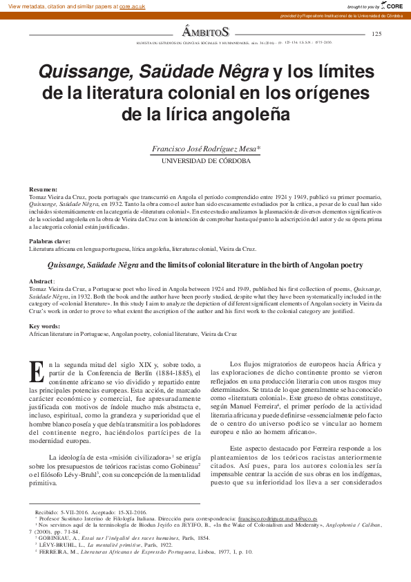 (PDF) Quissange, Saüdade Nêgra and the limits of colonial literature in ...