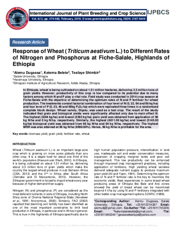 (PDF) Response of Wheat (Triticum aestivum L.) to Different Rates of ...