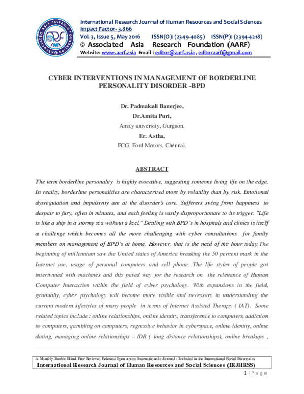 (PDF) Cyber Interventions in Management of Borderline Personality ...