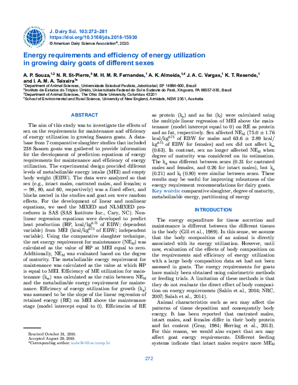 Pdf Energy Requirements And Efficiency Of Energy Utilization In Growing Dairy Goats Of