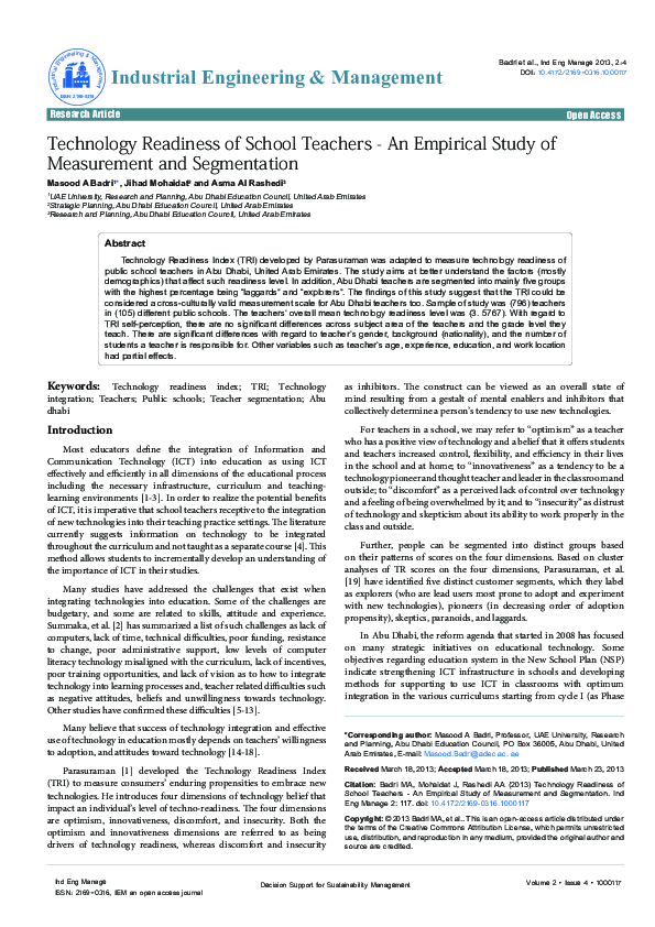 (PDF) Technology Readiness of School Teachers - An Empirical Study of ...