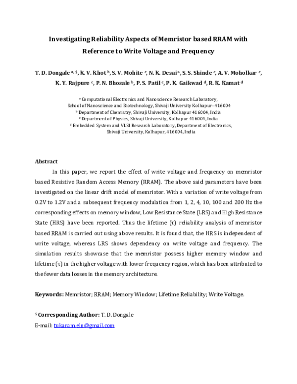 (PDF) Investigating Reliability Aspects of Memristor based RRAM with ...