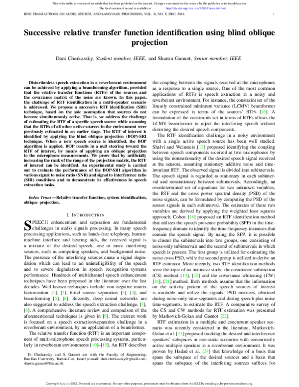 (PDF) Successive Relative Transfer Function Identification Using Blind Oblique Projection