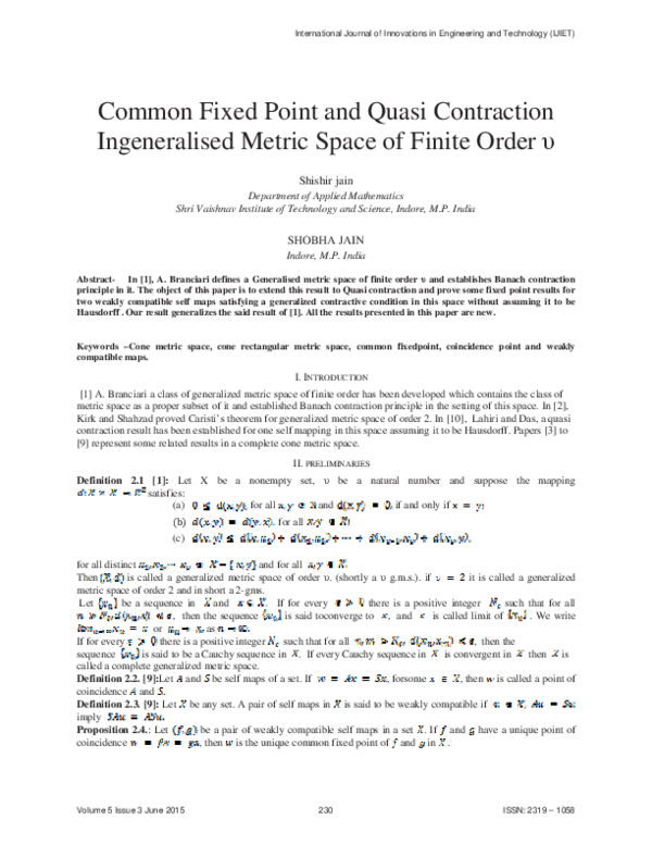 (PDF) Common Fixed Point and Quasi Contraction Ingeneralised Metric Space of Finite Order ...