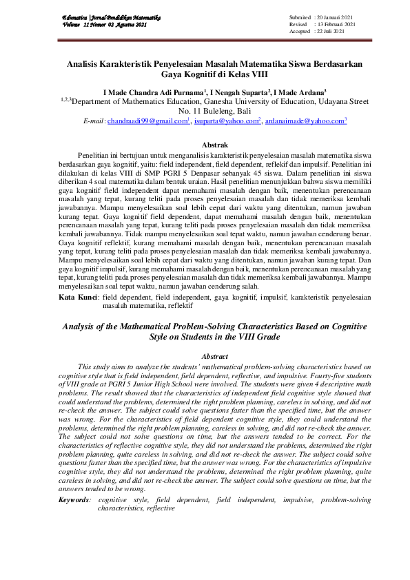 (PDF) Analysis of the Mathematical Problem-Solving Characteristics Based on Cognitive Style on ...