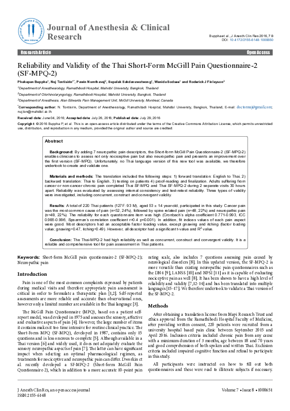 (PDF) Reliability and Validity of the Thai Short-Form McGill Pain ...