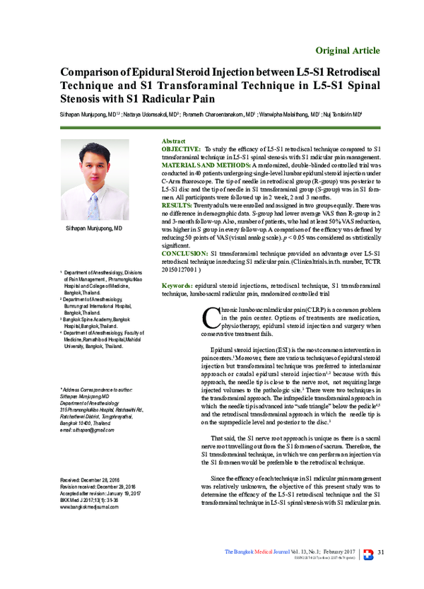 (PDF) Comparison of Epidural Steroid Injection between L5-S1 ...