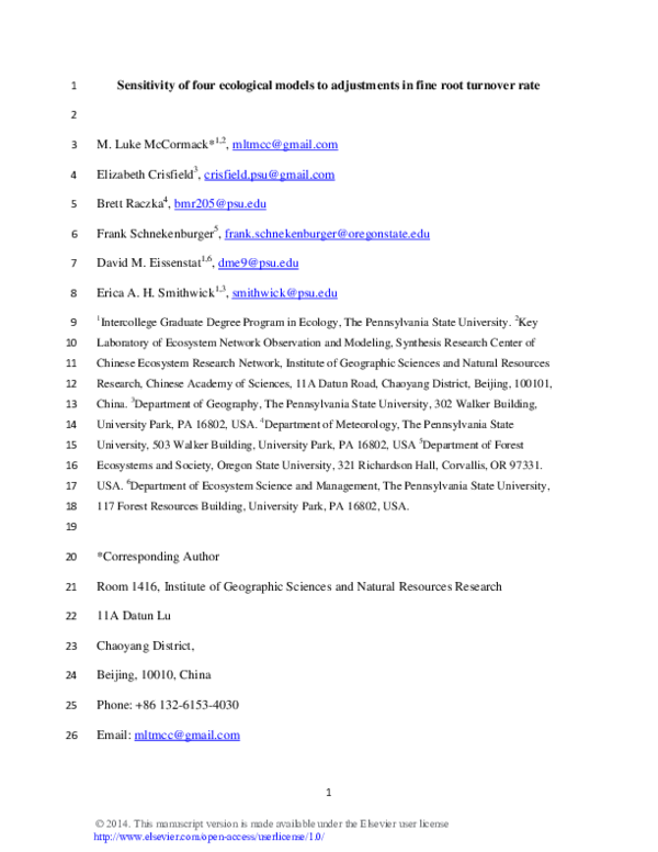 (PDF) Sensitivity of four ecological models to adjustments in fine root ...