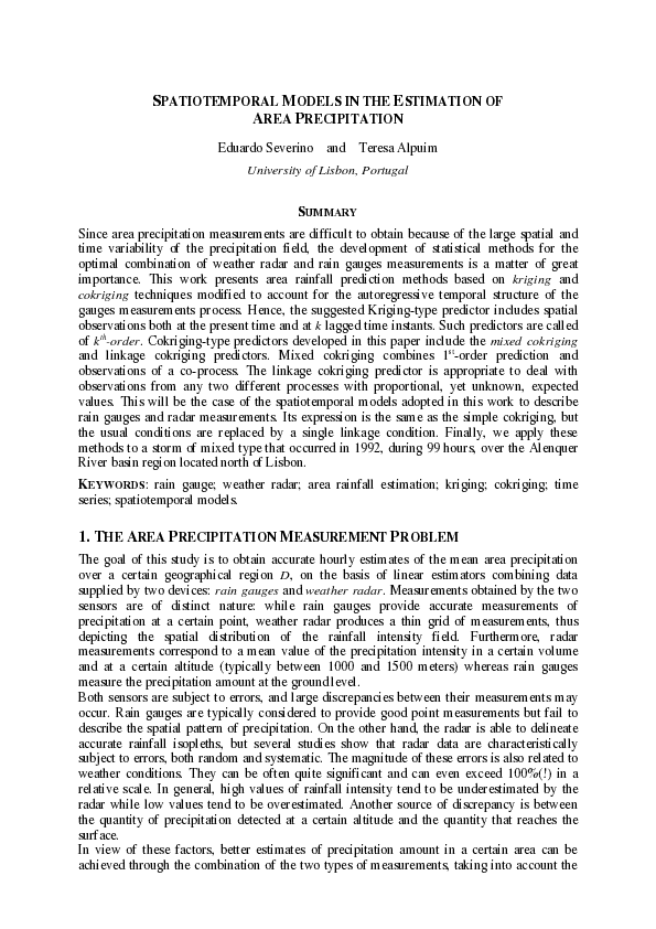 (PDF) Spatiotemporal models in the estimation of area precipitation (PDF) Spatiotemporal models in the estimation of area precipitation