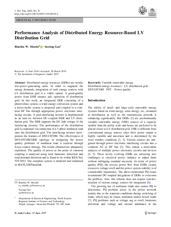 Pdf Performance Analysis Of Distributed Energy Resource Based Lv