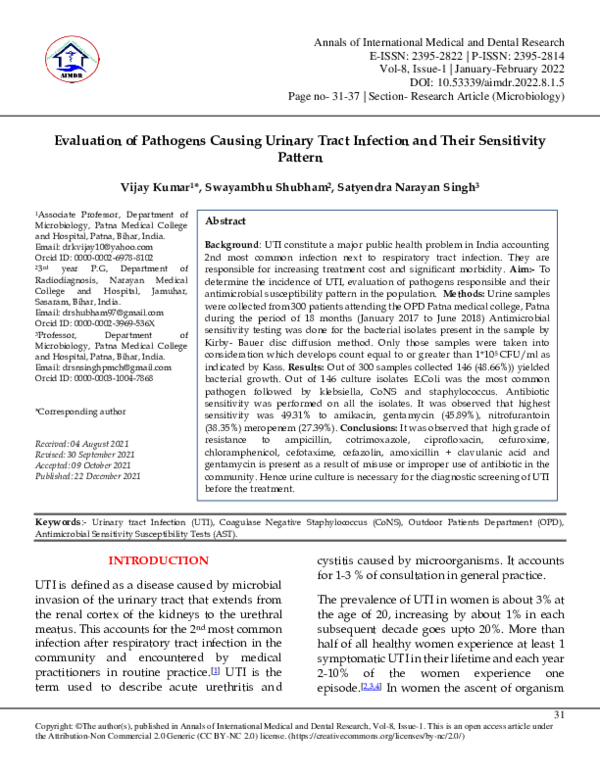(PDF) Evaluation of Pathogens Causing Urinary Tract Infection and Their ...