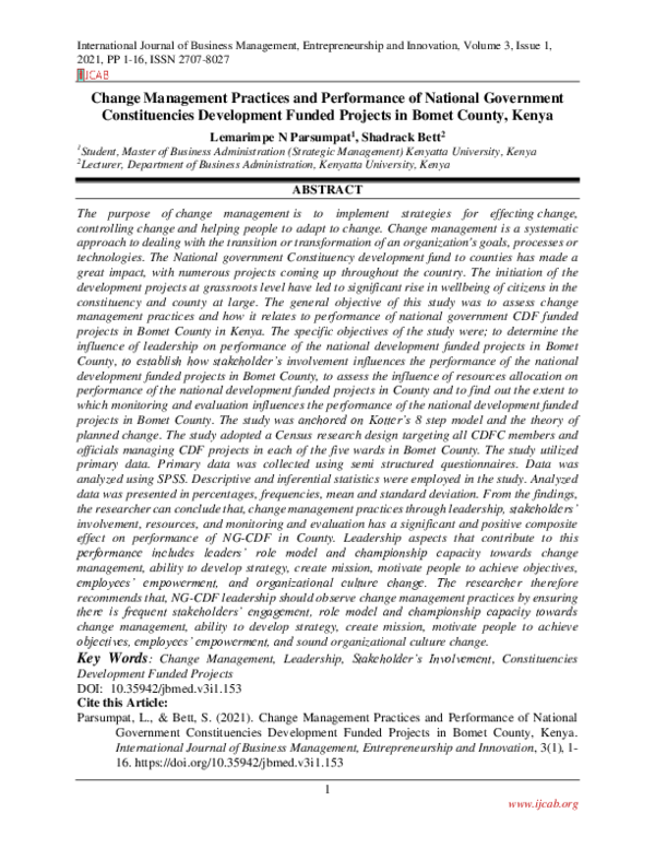 (PDF) Change Management Practices and Performance of National Government Constituencies ...