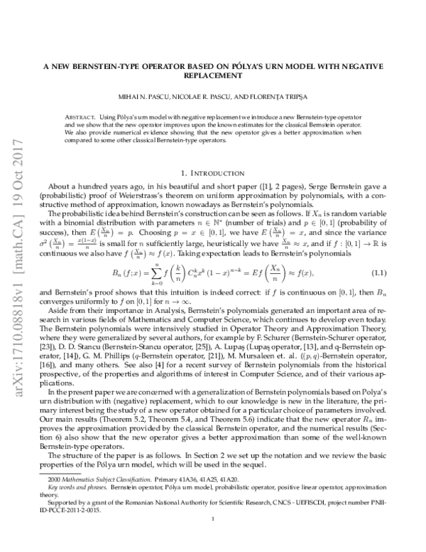 (PDF) A new Bernstein-type operator based on P\'olya's urn model with negative replacement