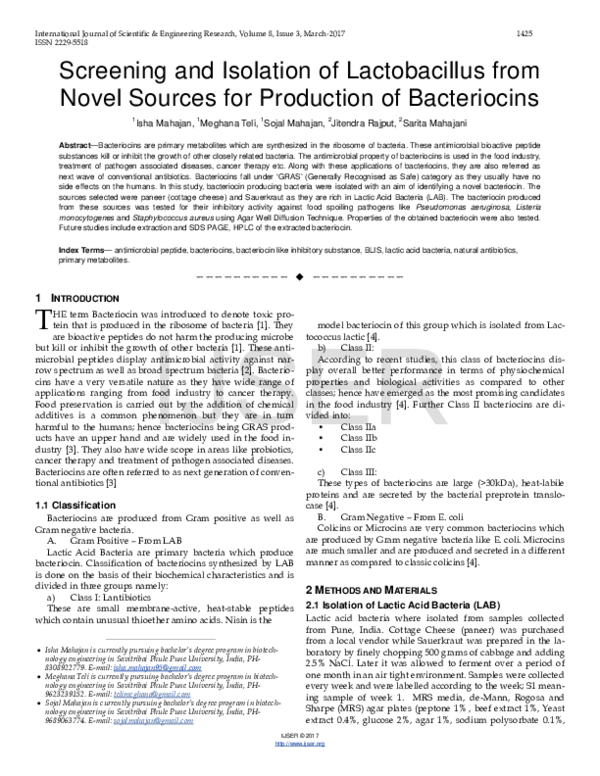 (PDF) Screening and Isolation of Lactobacillus from Novel Sources for Production of Bacteriocins