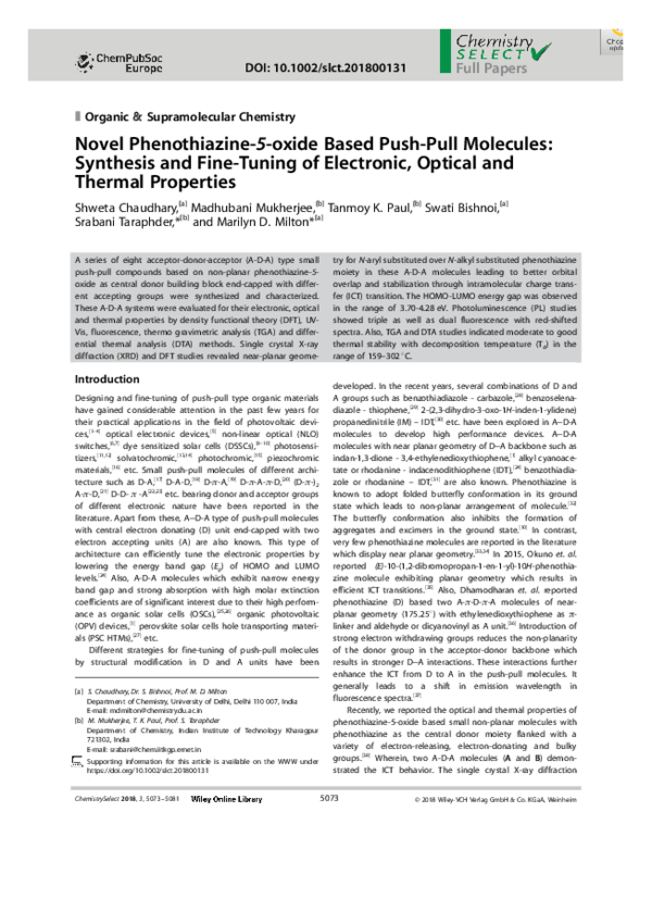 (PDF) Novel Phenothiazine‐ 5 ‐oxide Based Push‐Pull Molecules: Synthesis and Fine‐Tuning of ...