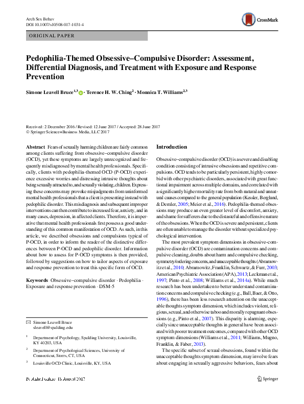 (PDF) Pedophilia-Themed Obsessive–Compulsive Disorder: Assessment ...
