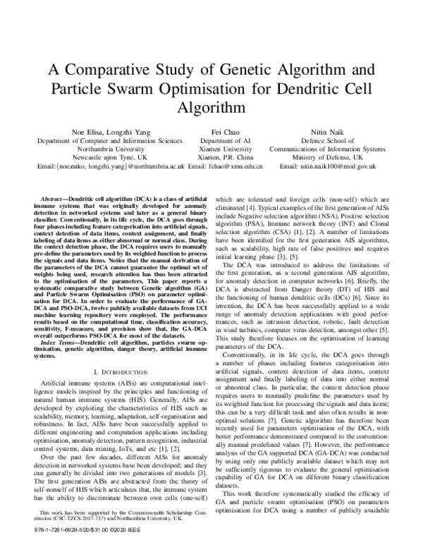 A Comparative Study of Genetic Algorithm and Particle Swarm optimisation for Dendritic Cell ...