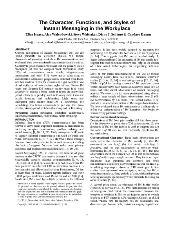 Pdf The Character Functions And Styles Of Instant Messaging In The Workplace Alan