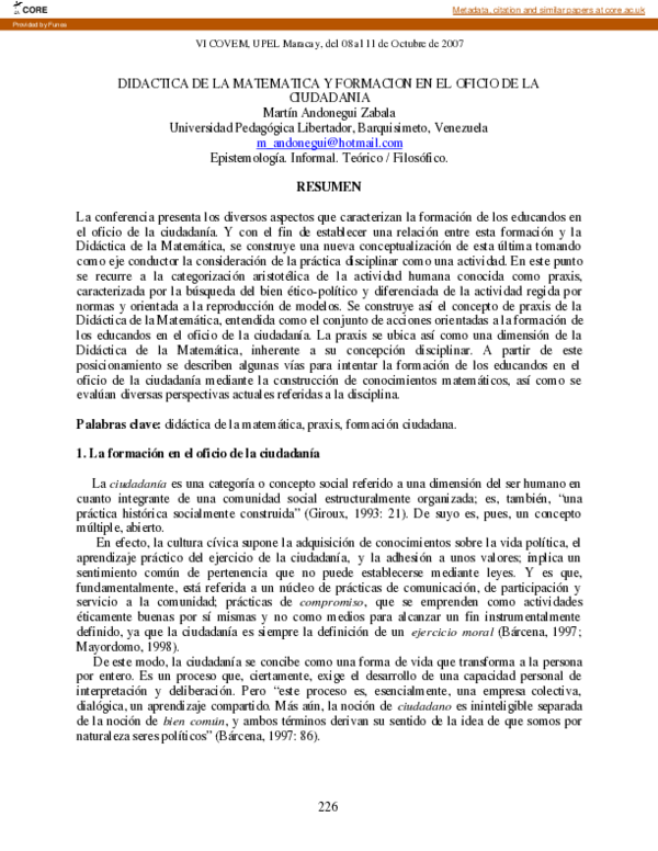 (PDF) Didáctica de la matemática y formación en el oficio de la ciudadanía
